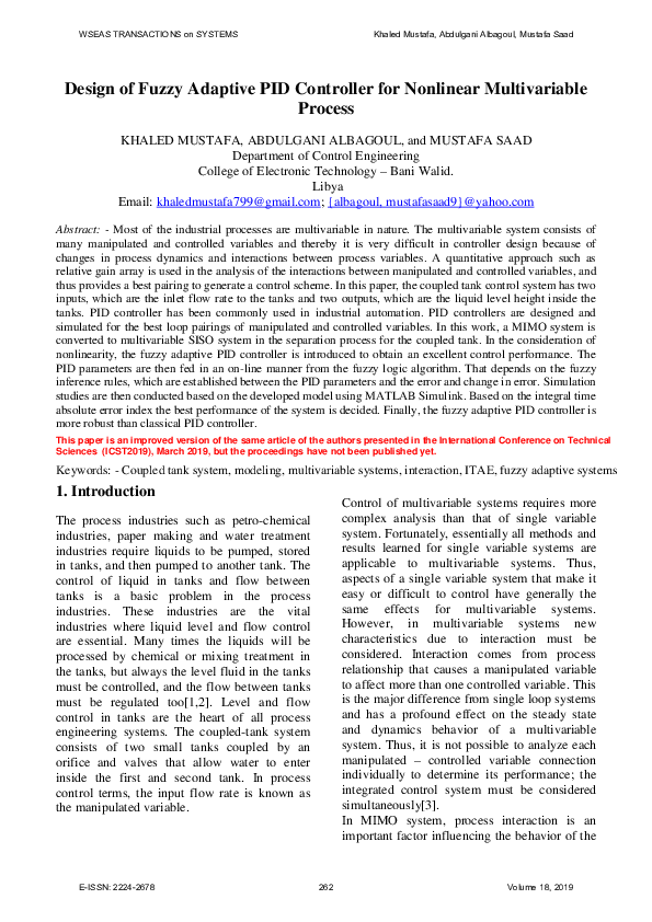 Pdf Design Of Fuzzy Adaptive Pid Controller For Nonlinear Multivariable Process