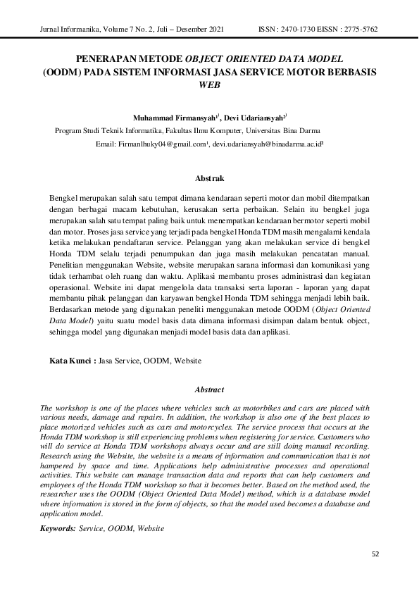 Pdf Penerapan Metode Object Oriented Data Model Oodm Pada Sistem Informasi Jasa Service