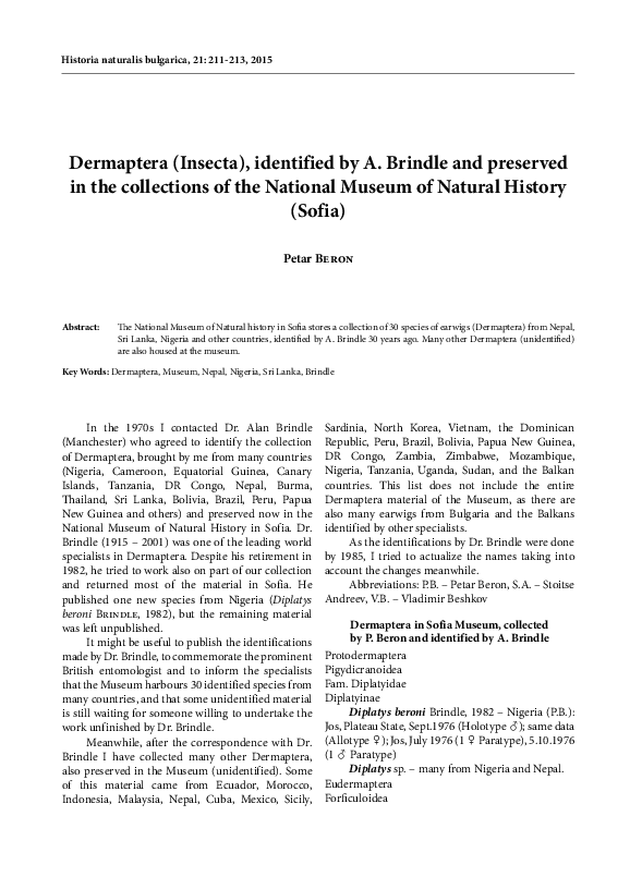 (PDF) Dermaptera (Insecta), identified by A. Brindle and preserved in the collections of the ...