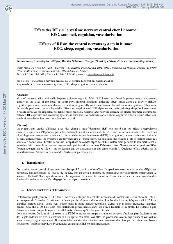 (PDF) Effets des radiofréquences sur le système nerveux central chez ...