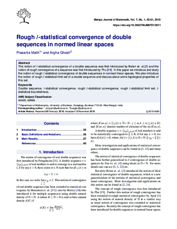 (PDF) On rough statistical convergence of double sequences in normed linear spaces