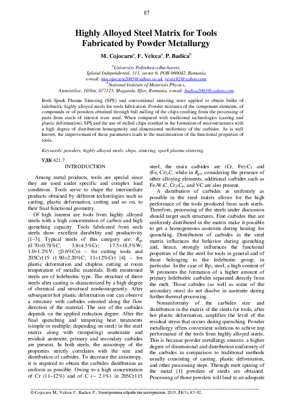 (PDF) Highly alloyed steel matrix for tools fabricated by powder metallurgy