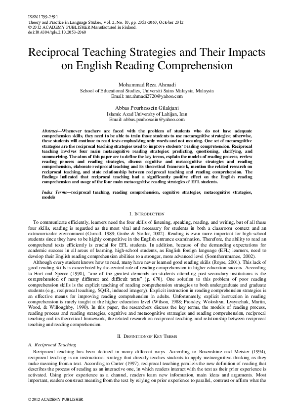 (PDF) Reciprocal Teaching Strategies and Their Impacts on English ...