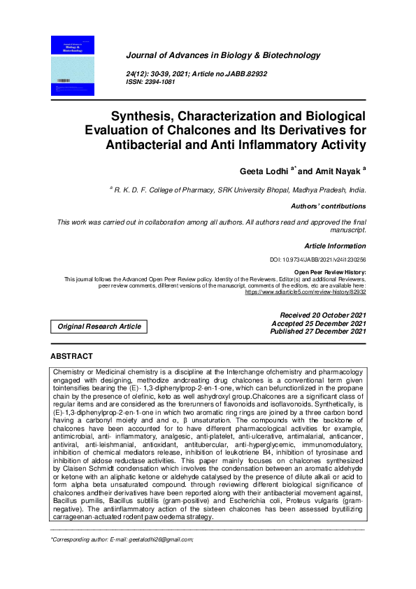 (PDF) Synthesis, Characterization and Biological Evaluation of Chalcones and Its Derivatives for ...