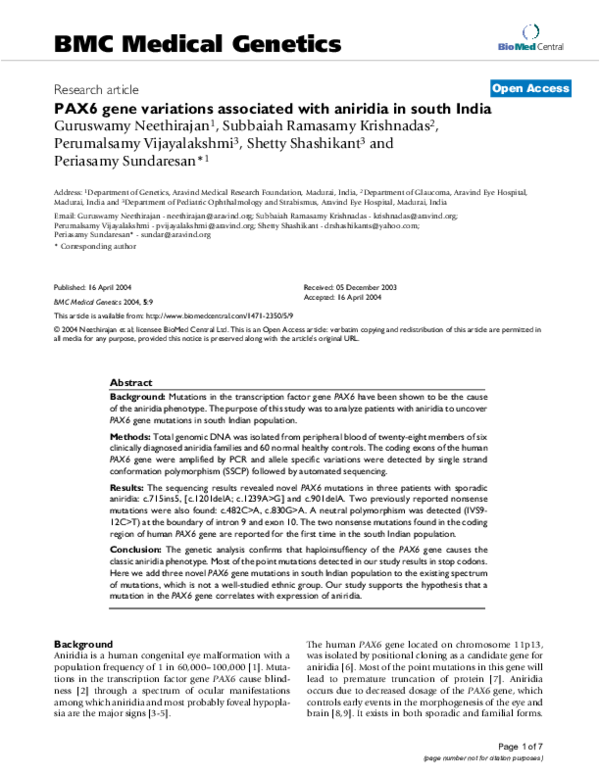 (PDF) PAX6 gene variations associated with aniridia in south India