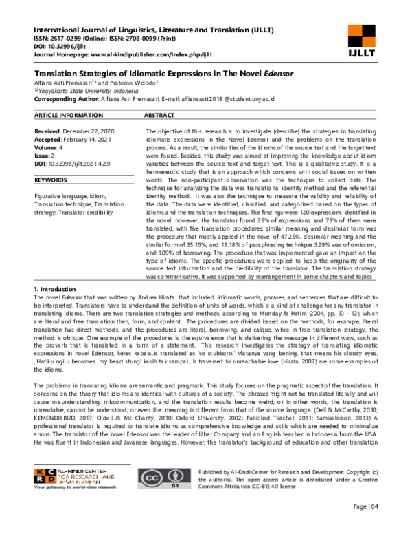 (PDF) Translation Strategies of Idiomatic Expressions in The Novel Edensor