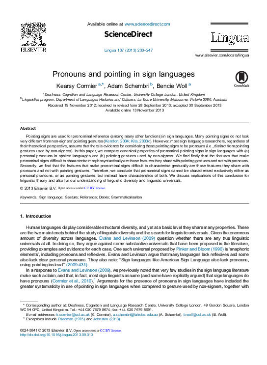 (PDF) Pronouns and pointing in sign languages