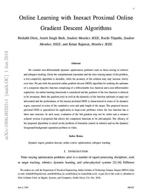 Pdf Online Learning With Inexact Proximal Online Gradient Descent Algorithms Ruchi Tripathi