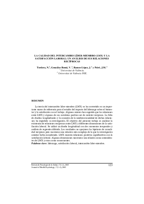 (PDF) La Calidad Del Intercambio Líder-Miembro (LMX) y La Satisfacción ...