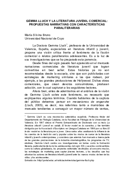 (PDF) Gemma Lluch y la literatura juvenil comercial: propuestas narrativas con características ...