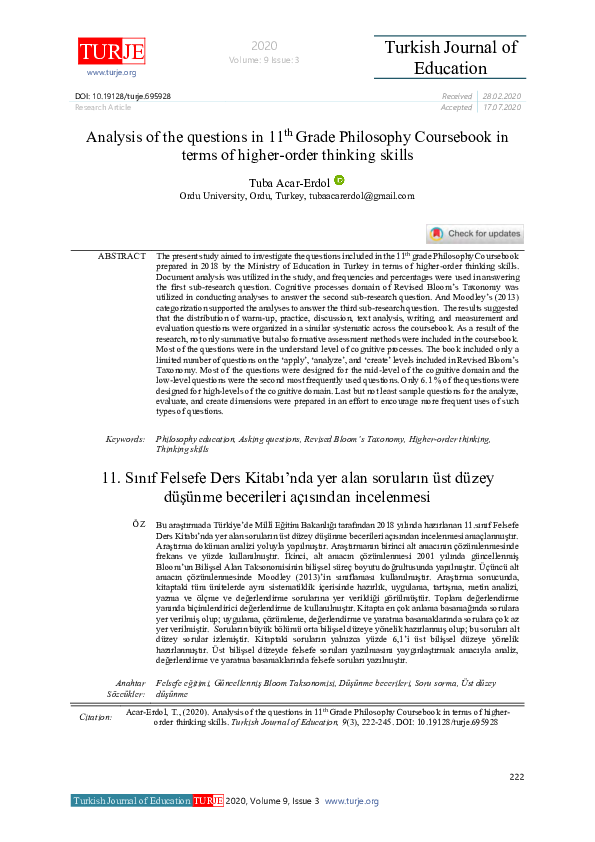 (PDF) Analysis of the questions in 11th Grade Philosophy Coursebook in ...