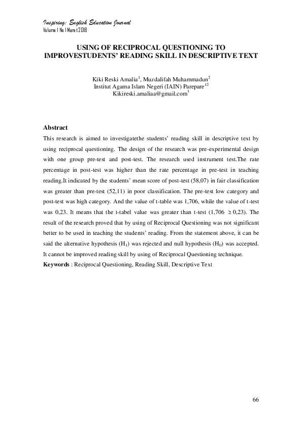 (PDF) Using of Reciprocal Questioning to Improve Students’ Reading Skill in Descriptive Text