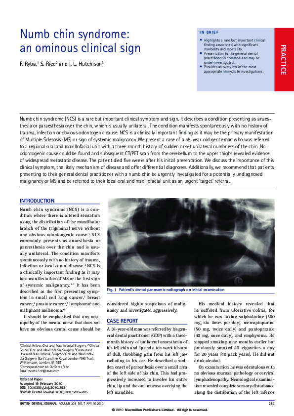 (PDF) Numb chin syndrome: an ominous clinical sign