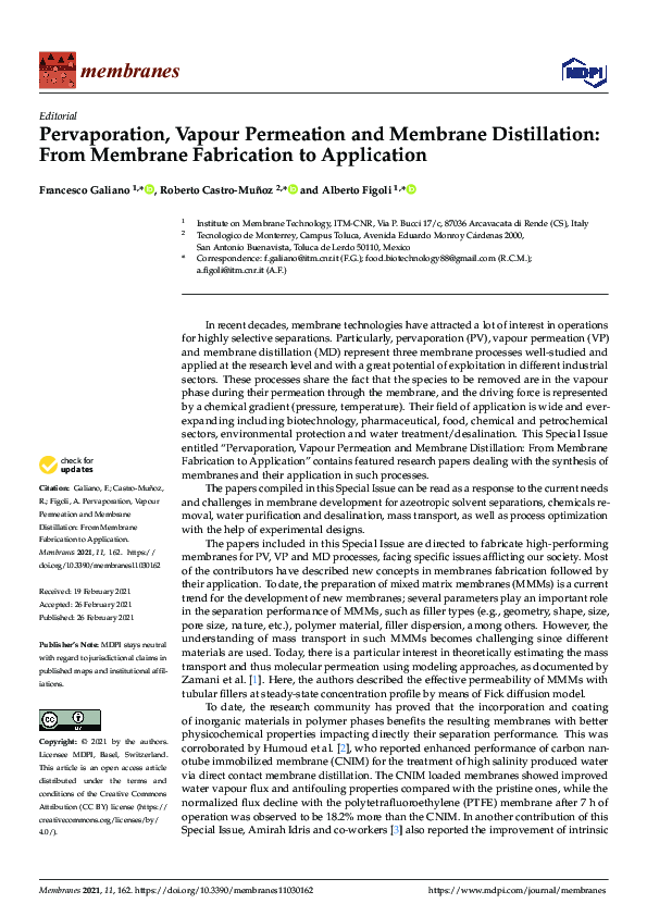 (PDF) Pervaporation, Vapour Permeation and Membrane Distillation: From ...