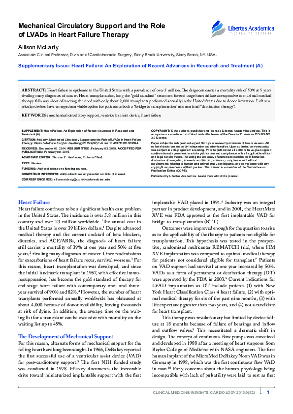 (PDF) Mechanical Circulatory Support and the Role of LVADs in Heart Failure Therapy