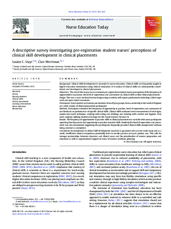 (PDF) A descriptive survey investigating pre-registration student ...