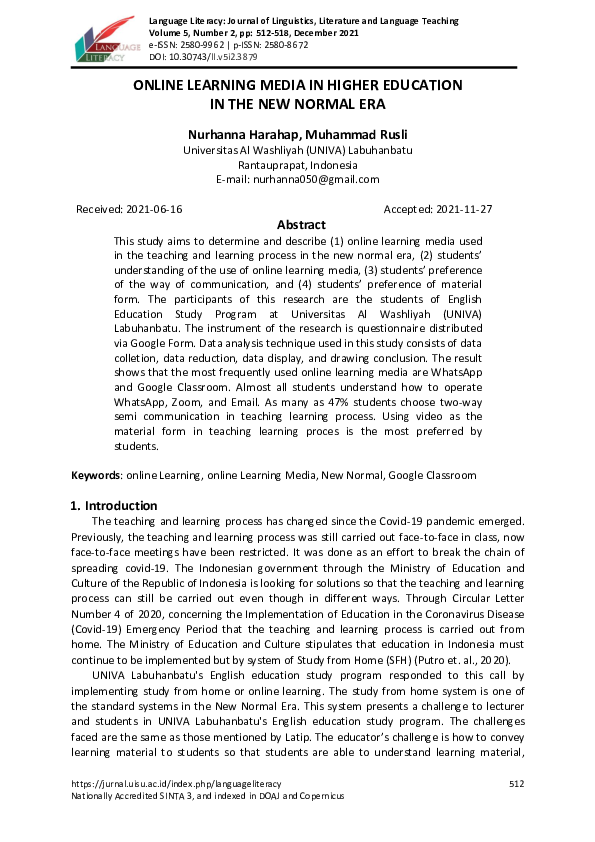 (PDF) Online Learning Media in Higher Education in the New Normal Era