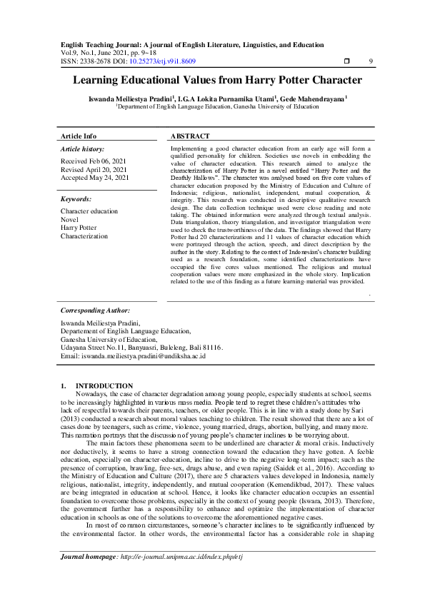 (PDF) Learning Educational Values from Harry Potter Character