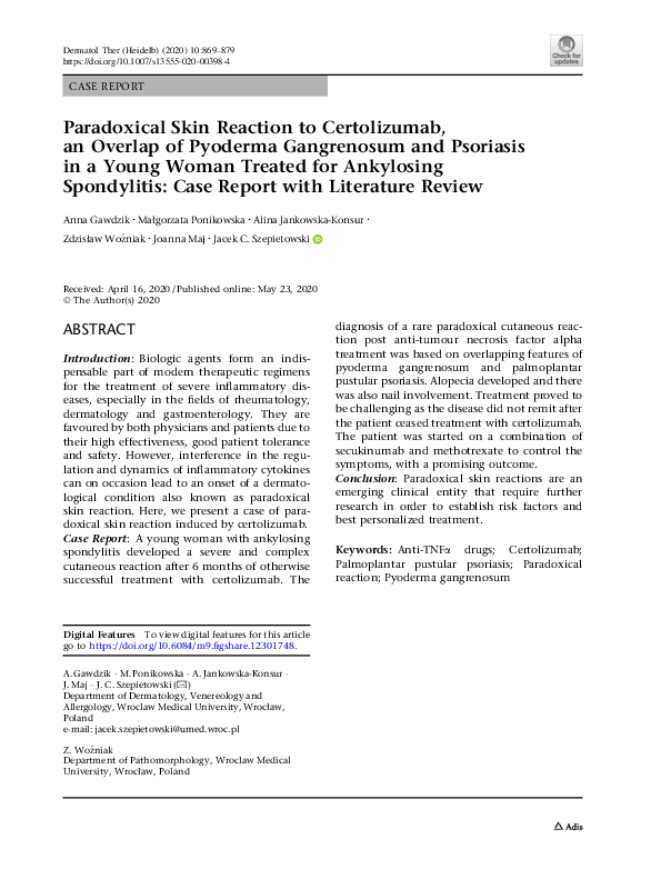 (PDF) Paradoxical Skin Reaction to Certolizumab, an Overlap of Pyoderma ...