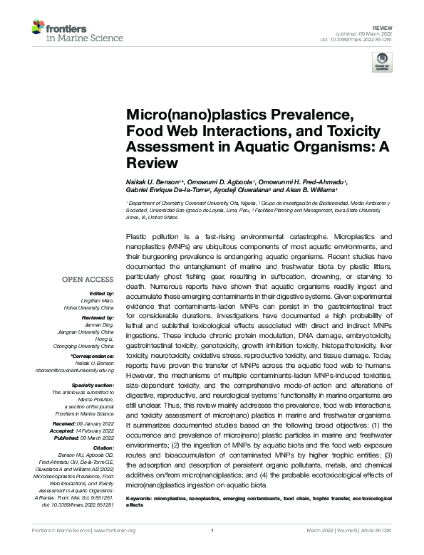 (PDF) Micro(nano)plastics Prevalence, Food Web Interactions, and Toxicity Assessment in Aquatic ...