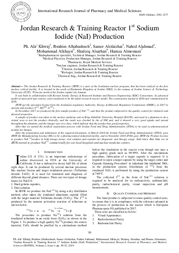 (PDF) Jordan Research & Training Reactor 1st Sodium Iodide (NaI) Production