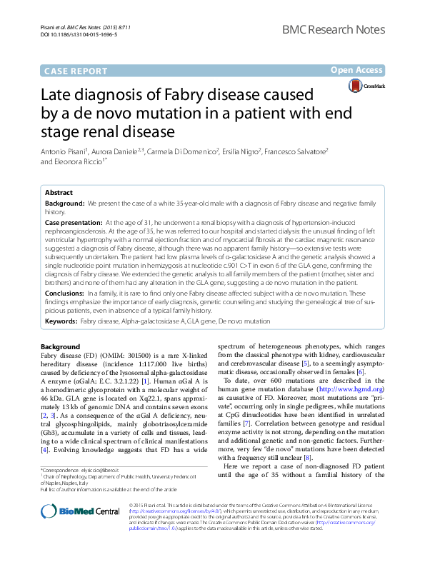 (PDF) Late diagnosis of Fabry disease caused by a de novo mutation in a patient with end stage ...