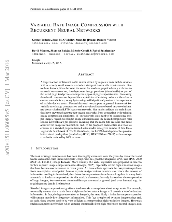 Variable Rate Image Compression with Recurrent Neural Networks