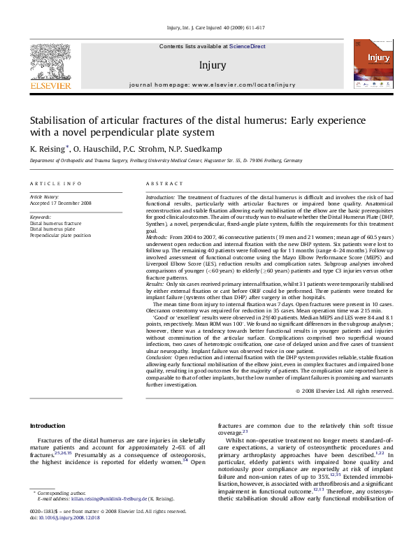 (PDF) Stabilisation of articular fractures of the distal humerus: Early ...