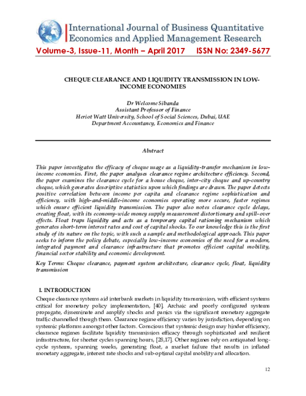 (PDF) Cheque Clearance and Liquidity Transmission in Low-Income Economies