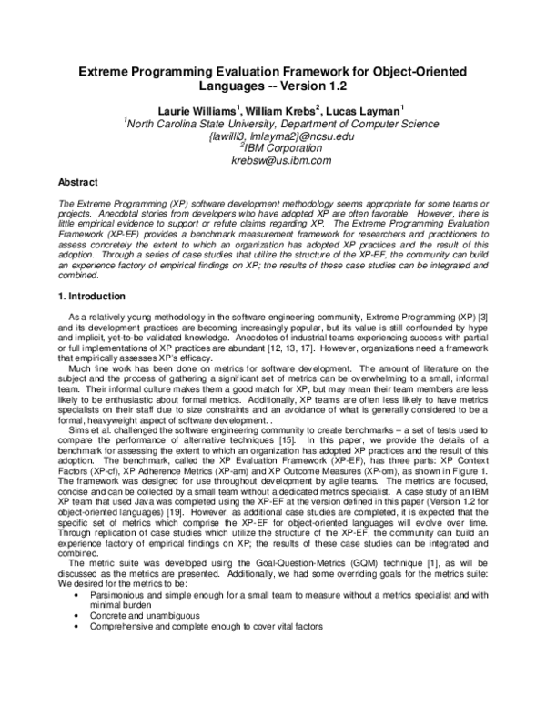 (PDF) Extreme programming evaluation framework for object-oriented languages -- version 1.1 ...