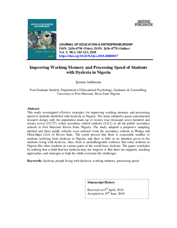 (PDF) Improving Working Memory and Processing Speed of Students with ...