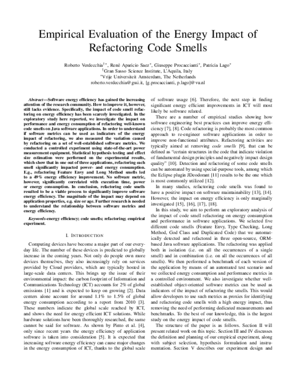 (PDF) Empirical Evaluation of the Energy Impact of Refactoring Code Smells