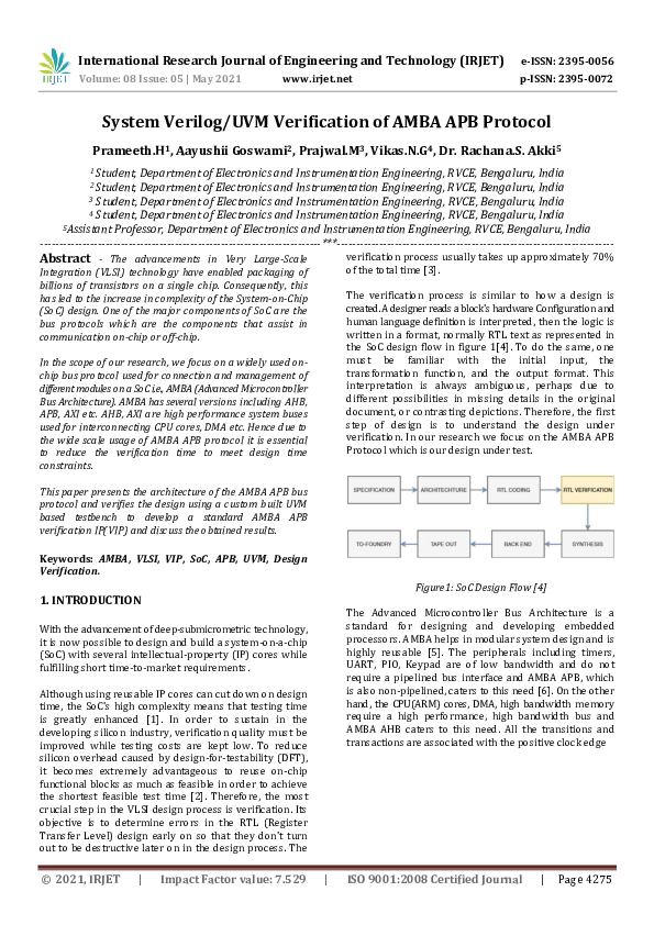 Pdf System Verilog Uvm Verification Of Amba Apb Protocol Aayushii