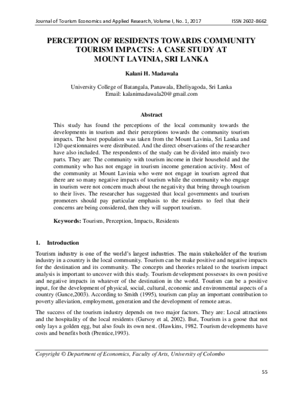 (PDF) Perception of Residents Towards Community Tourism Impacts: A Case ...