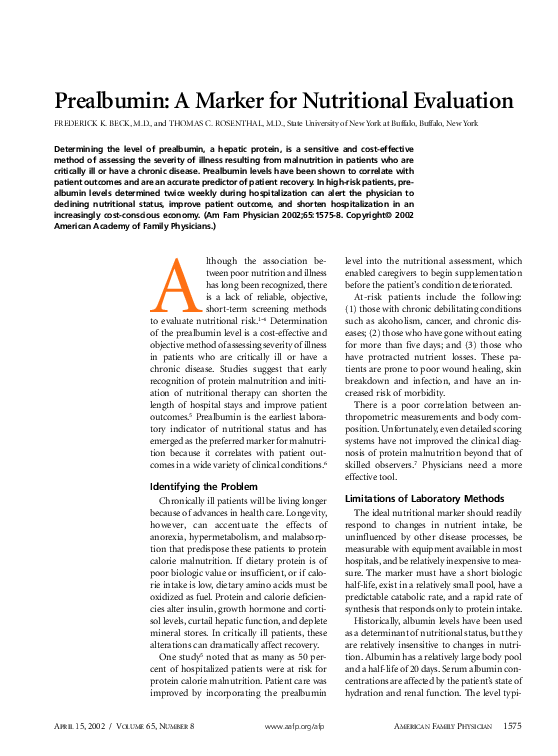 (PDF) Prealbumin: a marker for nutritional evaluation