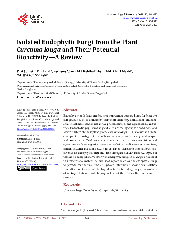 (PDF) Isolated Endophytic Fungi from the Plant Curcuma longa and Their Potential Bioactivity—A ...