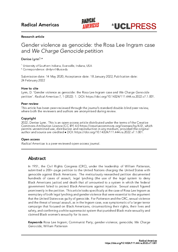 (PDF) Gender violence as genocide: the Rosa Lee Ingram case and We ...