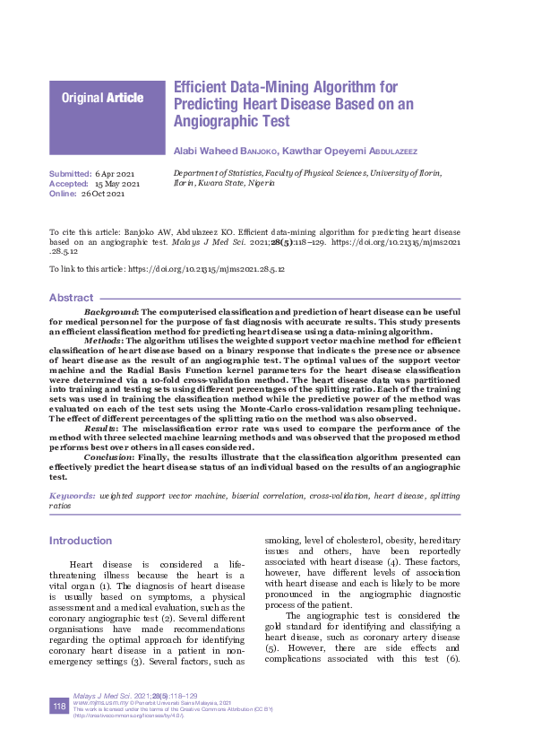 Pdf Efficient Data Mining Algorithm For Predicting Heart Disease Based On An Angiographic Test