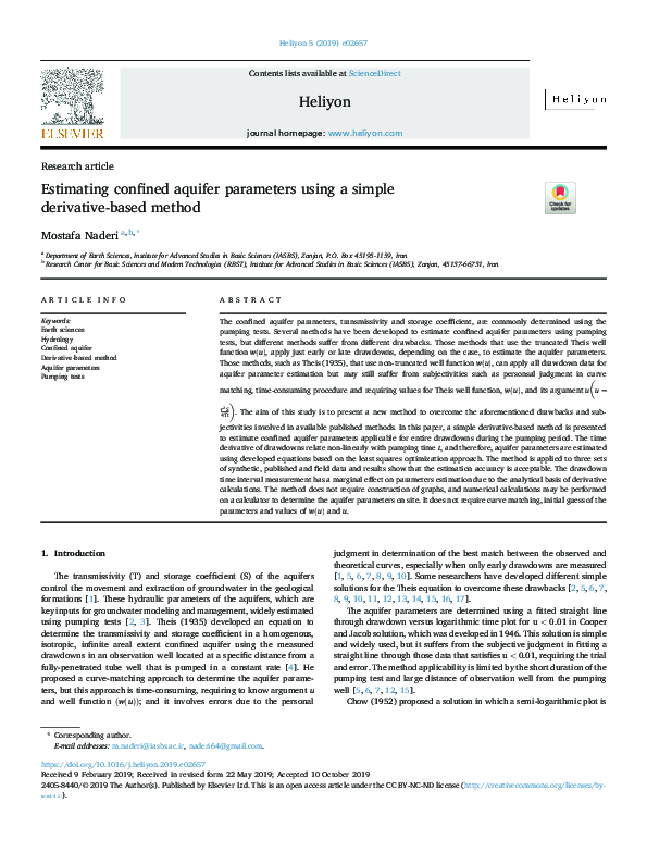 (PDF) Estimating confined aquifer parameters using a simple derivative-based method