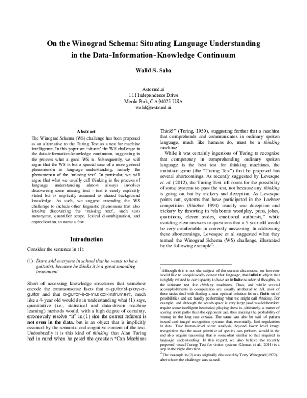 (PDF) On the Winograd Schema: Situating Language Understanding in the ...