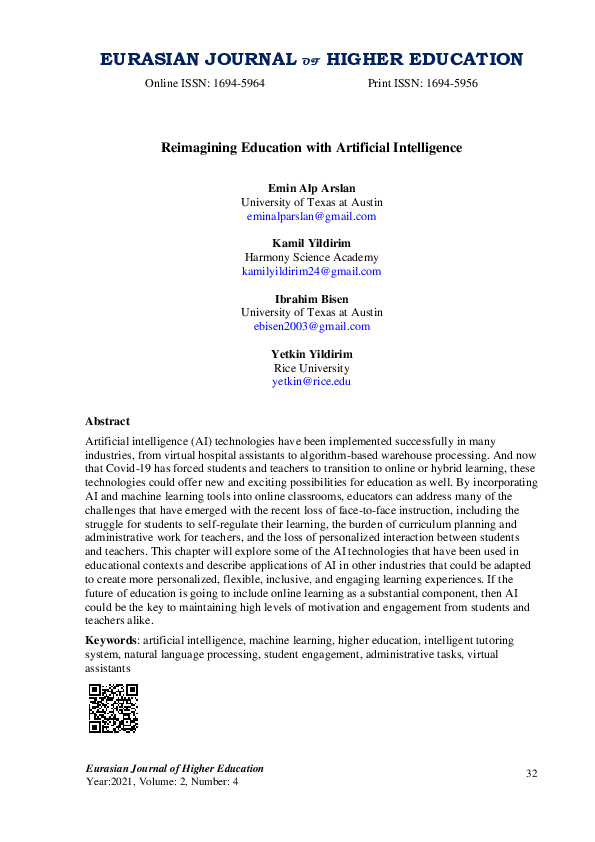 (PDF) Reimagining Education with Artificial Intelligence