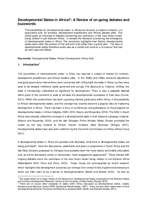 (PDF) Developmental States in Africa? A Review of Ongoing Debates and ...