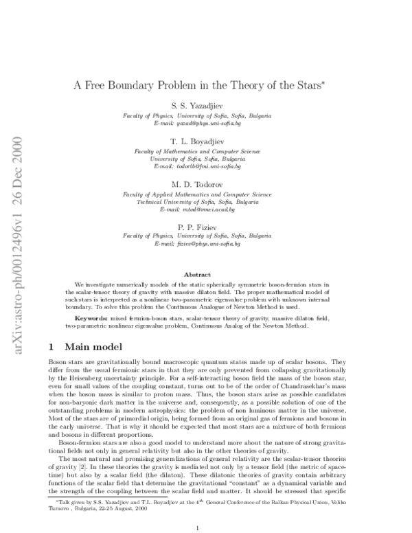 (PDF) A Free Boundary Problem in the Theory of the Stars