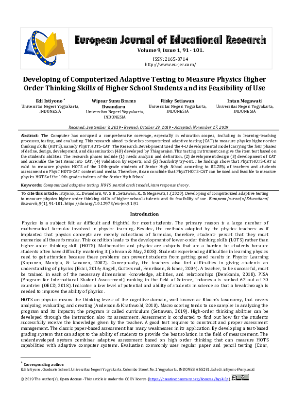 Pdf Developing Of Computerized Adaptive Testing To Measure Physics Higher Order Thinking