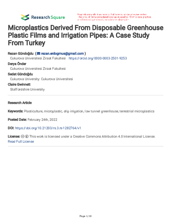 (PDF) Microplastics Derived From Disposable Greenhouse Plastic Films and Irrigation Pipes: A ...