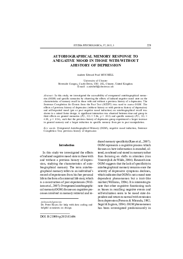 (PDF) Autobiographical Memory Response to a Negative Mood in Those With ...