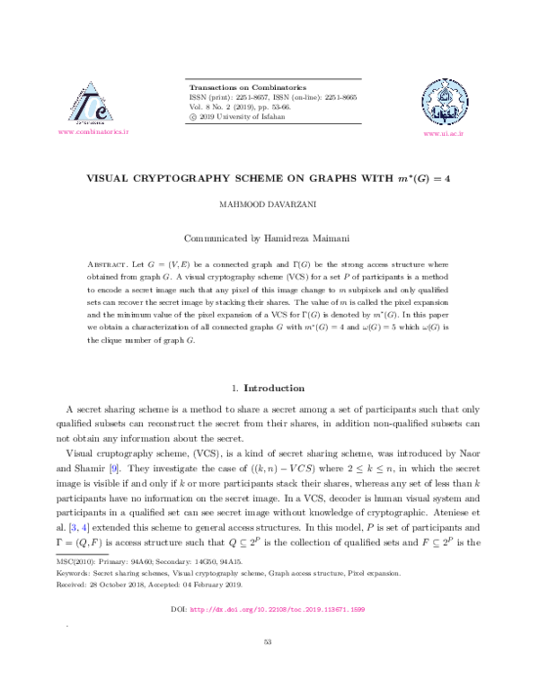 (PDF) Visual cryptography scheme on graphs with $m^{*}(G)=4$