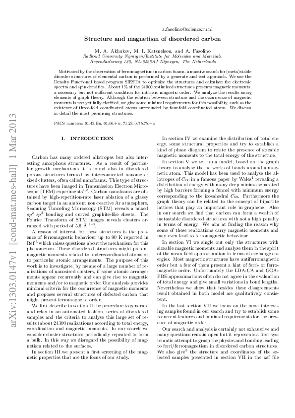 (PDF) Structure and magnetism of disordered carbon