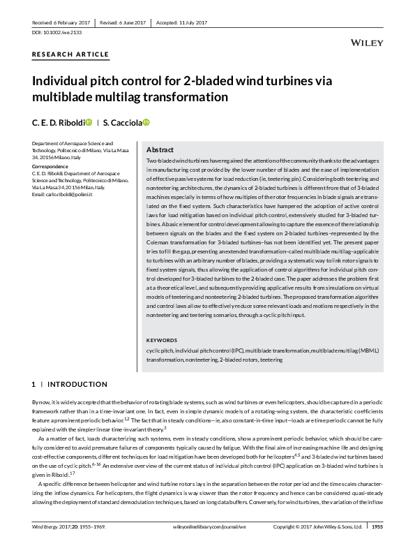 (PDF) Individual pitch control for 2-bladed wind turbines via ...