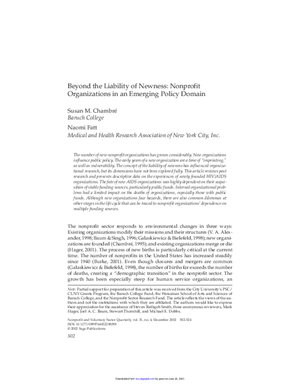 (PDF) Beyond the Liability of Newness: Nonprofit Organizations in an ...